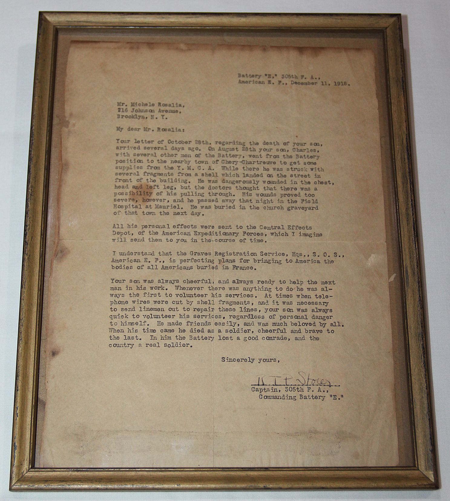B332. RARE WWI KIA LETTER TO FAMILY FROM COMMANDING OFFICER - B & B ...