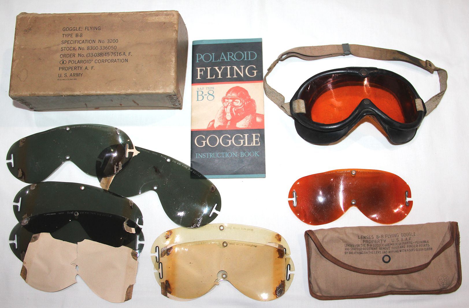E510. WWII AAF B-8 FLYING GOGGLES WITH BOX AND EXTRAS - B & B Militaria