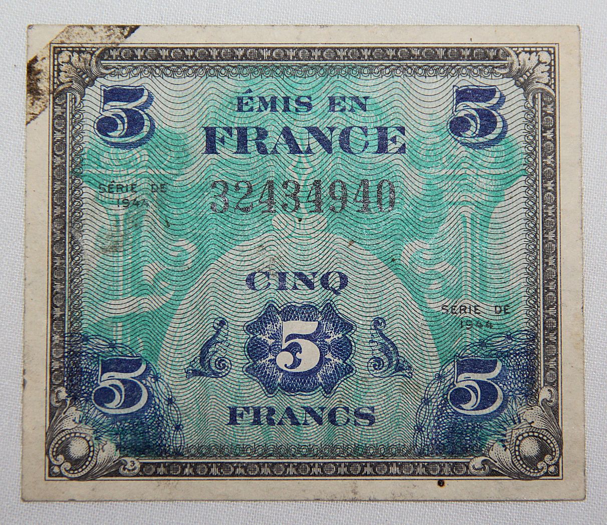 J118. WWII ALLIED MILITARY CURRENCY 1944 FRANCE FIVE FRANCS NOTE - B ...