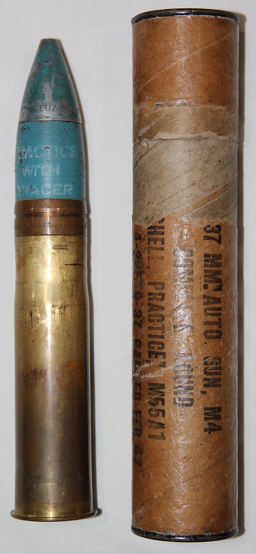 E645. INERT WWII 37MM M4 AUTO GUN PRACTICE ROUND WITH CONTAINER - B & B ...