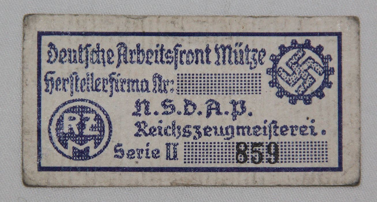 R134. WWII GERMAN DAF RZM VISOR CAP LABEL TAG - B & B Militaria